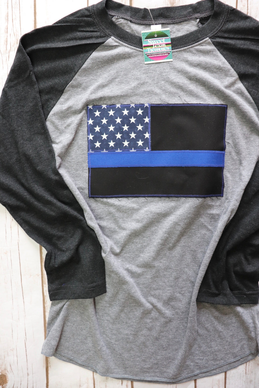 Thin Blue Line American Flag Raglan Tee – Sweet Texas Treasures